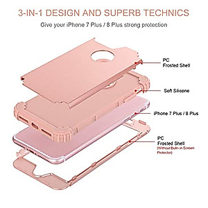 iPhone 8 Plus Case,iPhone 7 Plus Case,BENTOBEN 3 in 1 Hybrid Hard PC Soft Rubber Heavy Duty Rugged Bumper Shockproof Anti Slip Full-Body Protective Phone Case for Apple iPhone 8 Plus/7 Plus,Rose Gold
