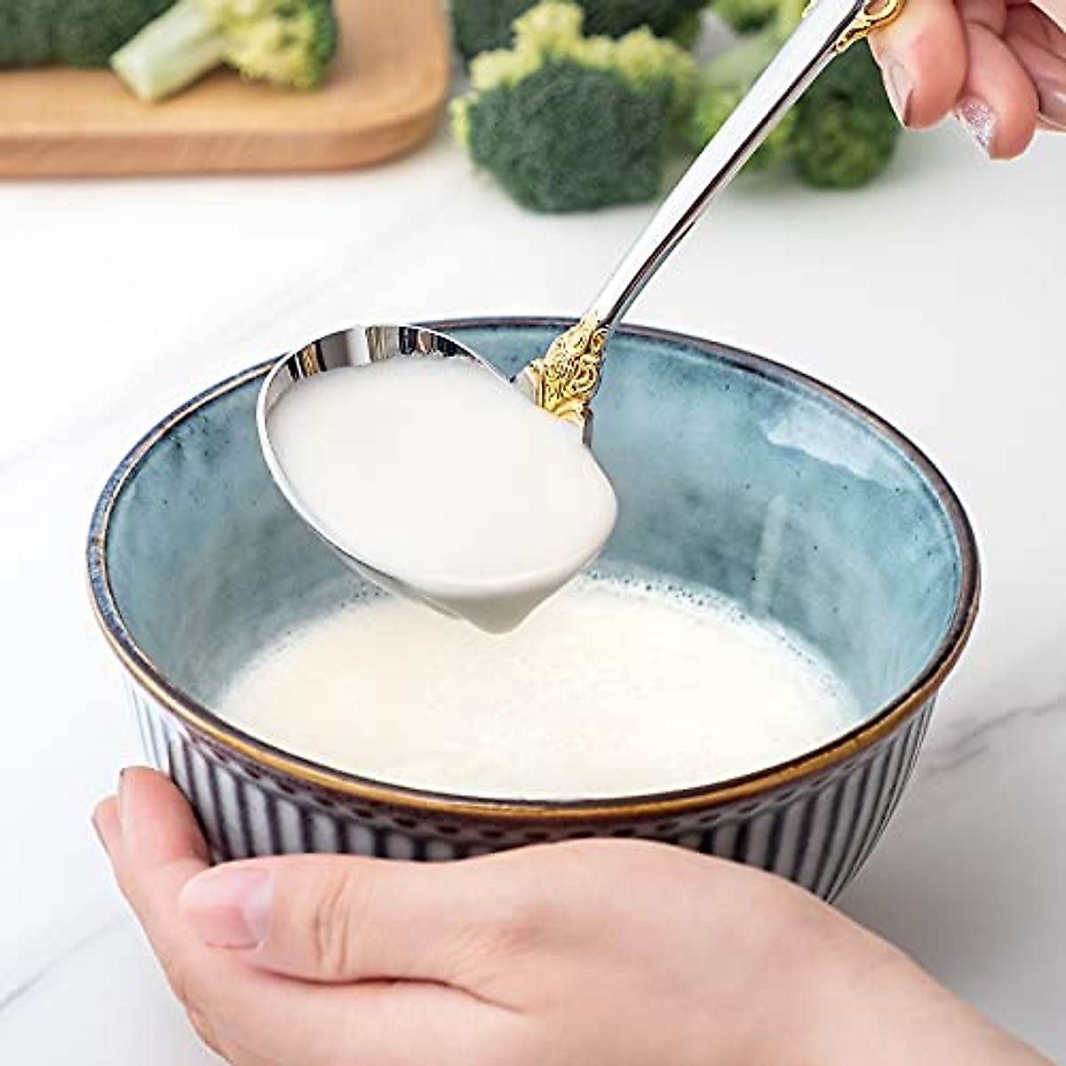 KEAWELL Luxury Gravy Ladle, 18/10 Stainless Steel, Gold Accent, Small Gravy Spoon for Home. Solid and Sturdy, Set of 2, Dishwasher Safe