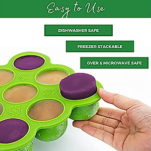 Silicone Baby Food Storage Container and Freezer Tray - Food-Grade Silicone Mold with Clip-On Lid - 9 x 2.5 Oz Easy Out Portions (Green)