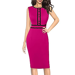 VFSHOW Womens Wear to Work Button Patchwork Trim Crew Neck Fitted Office Business Party Cocktail Bodycon Pencil Sheath Dress (Hot Pink, Large) 10186 PIK L