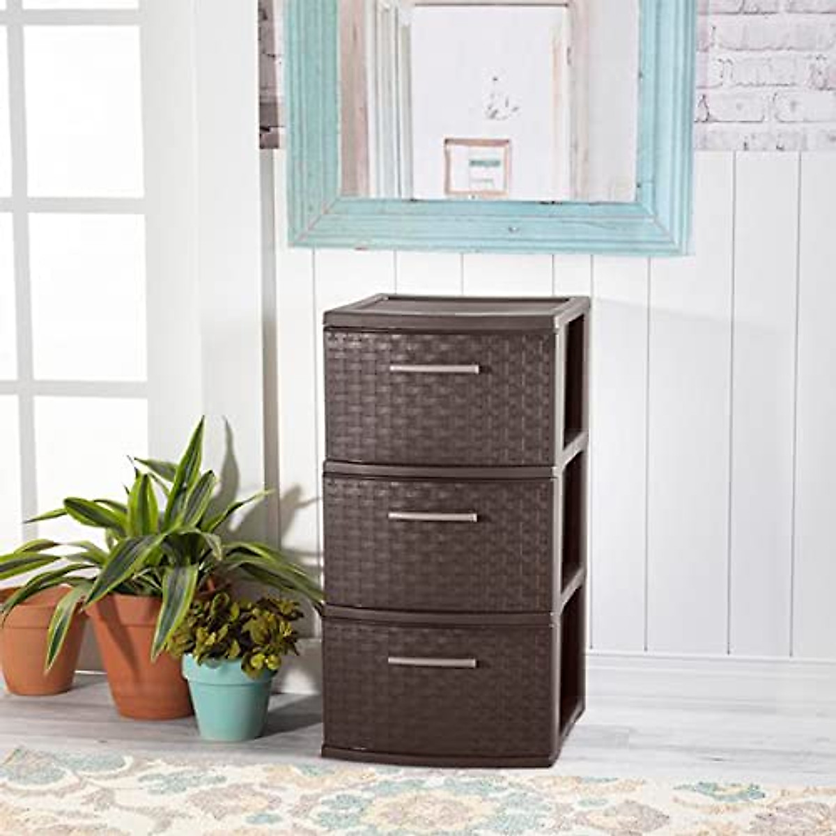Sterilite 3 Drawer Wicker Weave Decorative Storage Organization Container Cabinet Tower with Driftwood Handles, Espresso (4 Pack)