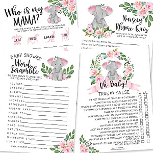 25 Elephant Word Scramble For Baby Shower, 25 True Or False Game, 25 Baby Animal Matching, 25 Nursery Rhyme Game - 4 Double Sided Cards Baby Shower Ideas, Baby Shower Party Supplies