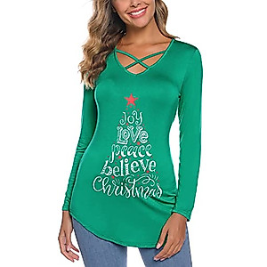 iClosam Women Christmas Letter Print Long Sleeve Tunic Shirts Criss Cross V-Neck Curved Hem Blouses Xmas Tops Sweatshirt Green L
