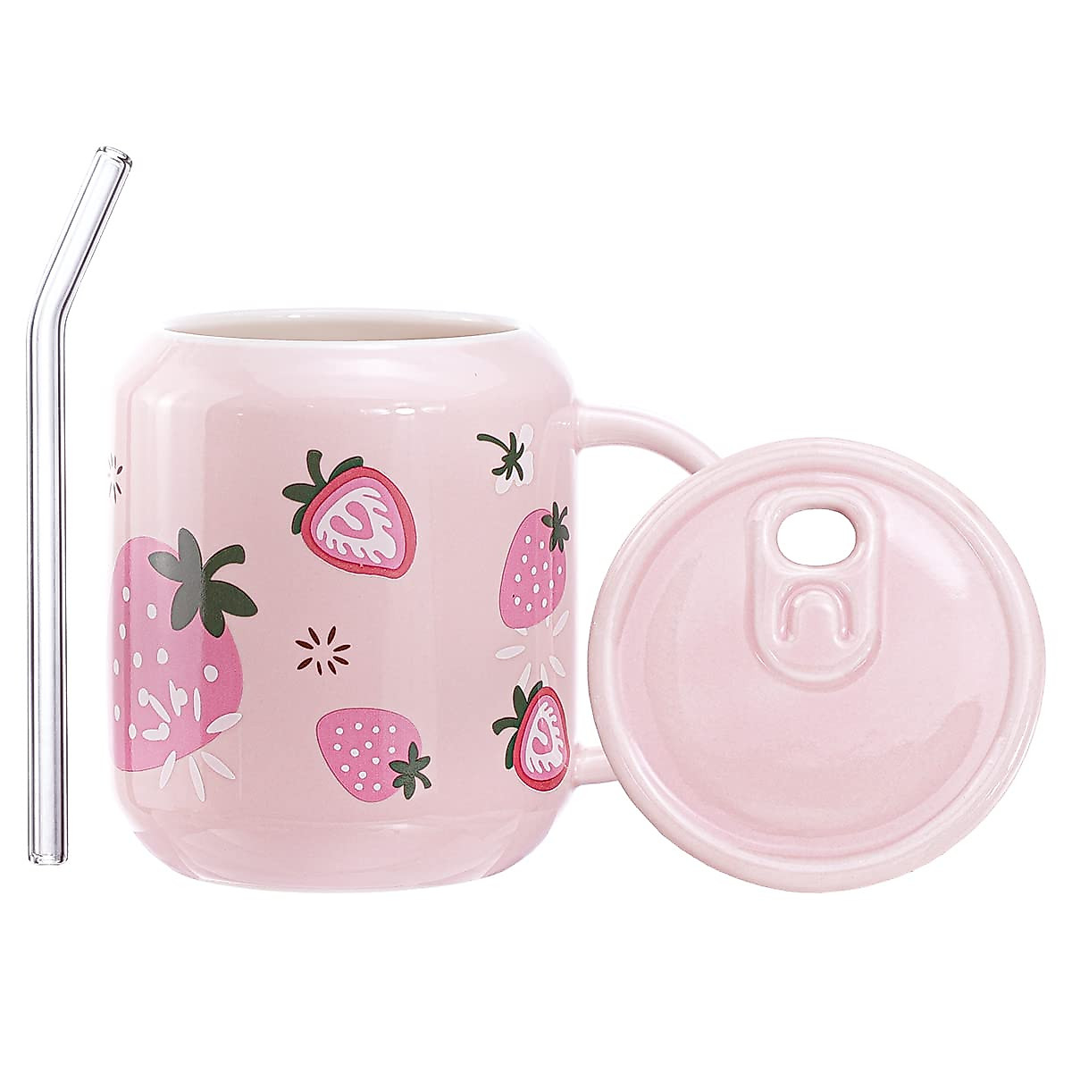 Sizikato Porcelain Mug with Lid and Straw, 13 Oz Water Cup with Handle, Cute Strawberry Pattern