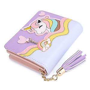 UTO Wallet for Girls Cute Unicorn Leather Vegan Small Women Tassel Rainbow Pendant Card Holder Kawaii Coin Purse