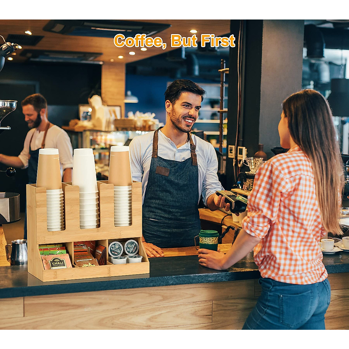 TQVAI Bamboo Coffee Station Organizer, 6 Compartments Condiment Rack Breakroom Accessories Caddy for K Pods, Snack, Tea Bags, Disposable Cups, Original