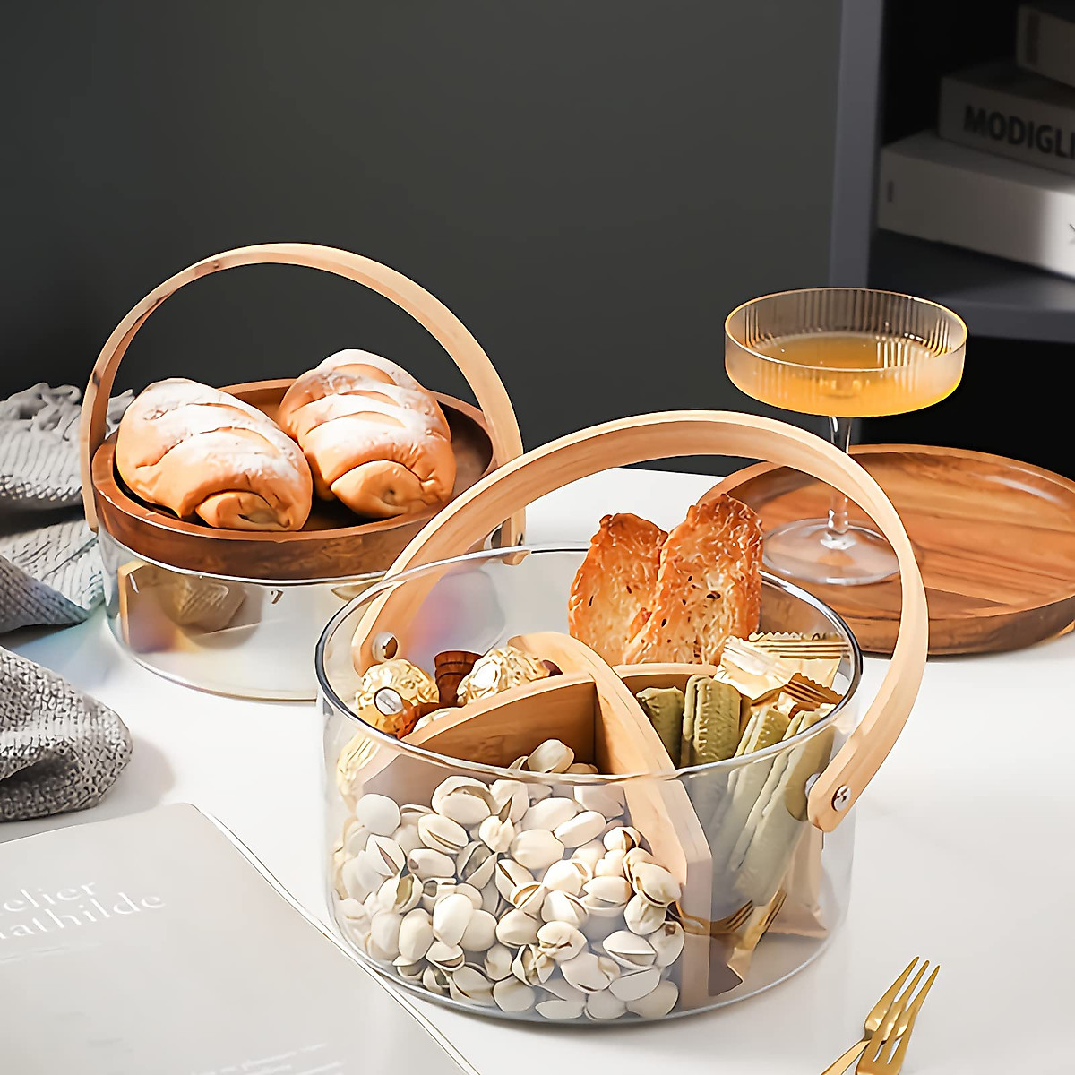 Funnyroom Clear Glass Fruit Serving Bowl, Nuts Dry Fruit Snack Tray with Wood Divider and Lid, Berry Vegetables Basket with Handle for Kitchen Fridge Storage Containers (Glass Basket-Large)