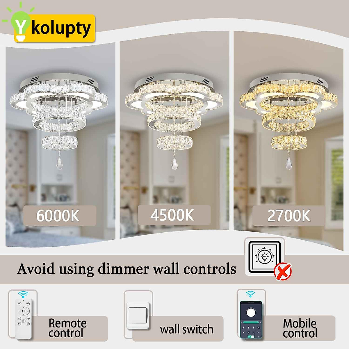 ykolupty W24 Crystal Chandeliers,Round Chandelier for Living Room Modern Ceiling Light Fixture Lamp for Foyer Bedrooms Dining Room Hallway LED Dimmable 2700K-6000K