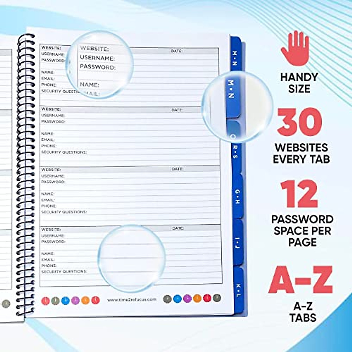 RE-FOCUS Password Book with Alphabetical Tabs 10"x7.6" Spiral Bound Credentials keeper Saves All Internet Login Details (Pink)