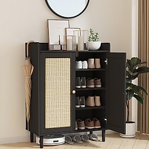 Shoe Cabinet - Rattan Shoe Cabinet for Entryway, Shoe Storage Cabinet with Adjustable Shelves, Black Shoe Cabinet, Farmhouse Freestanding Wood Shoe Rack Organizer for Closet, Living Room, Hallway