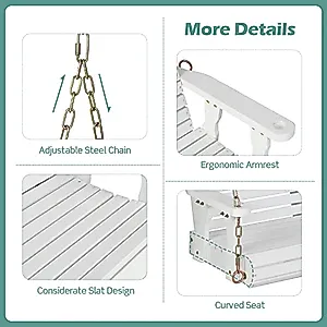 Giantex Wooden Porch Swing 2 Seat - Outdoor Swinging Chairs with Hanging Chains, 600 lbs Weight Capacity, 4 FT Finished Fir Wood Bench Swing for Patio, Outside, Garden, Lawn, Backyard (White)
