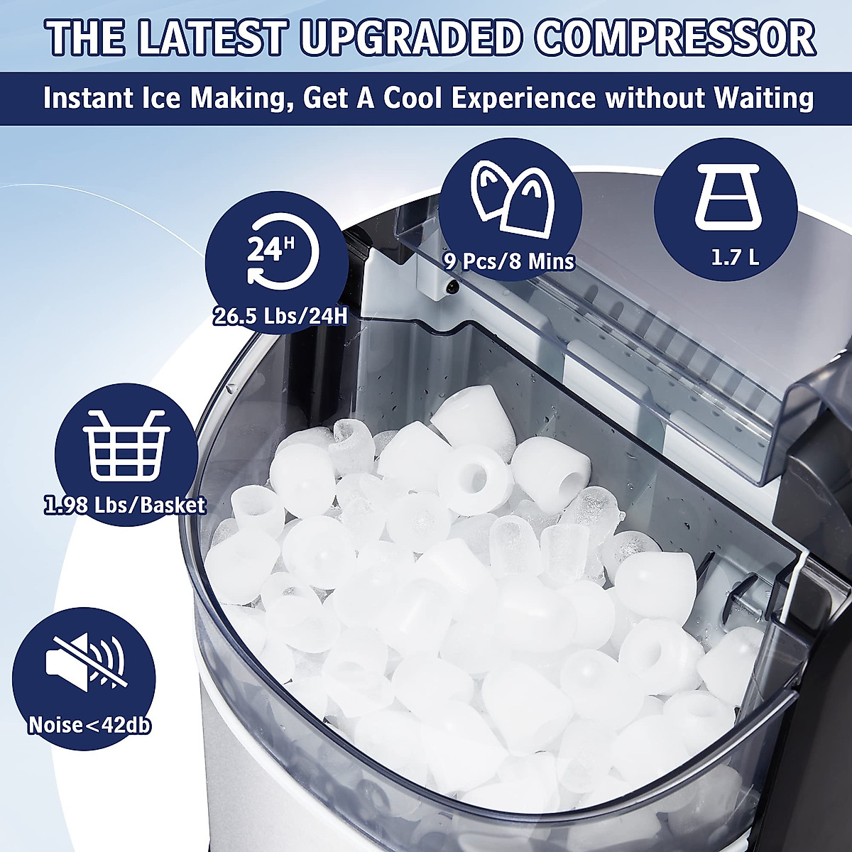 OUTGAVA Ice Maker Machine Countertop Portable Ice Cube Maker,Compact Automatic Ice Making Machine with Ice Scoop&Basket,26Lbs/24H,9 Cubes in 6-8 Minutes,2 Size(S/L) for Kitchen Bar Office,Black