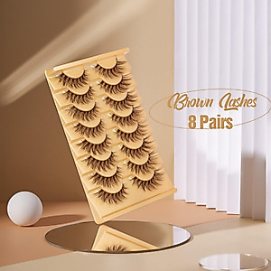 Brown Lashes Strip Natural Looking Cat Eye Lashes Brown Eyelashes Wispy Fluffy Clear Band Brown Eye Lash Pack 8 Pairs