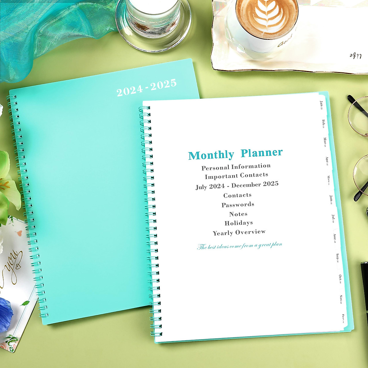 2024-2025 Monthly Planner - Monthly Planner/Calendar 2024-2025, 12-Month Planner with Tabs, JUL. 2024 - JUN. 2025, 8.5" x 11", Contacts + Dual-Sided Pocket + Thick Paper + Twin-Wire Binding - Green