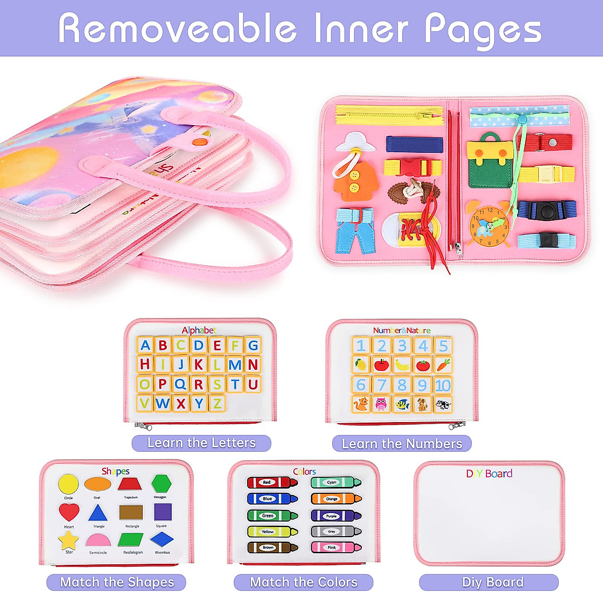 matiugod Toddler Busy Board for 3+ Years Old, Montessori Sensory Toys to Learning Fine Motor Skills - Educational Travel Toys for Toddlers Car Airplane (Pink)