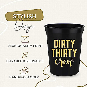 Dirty Thirty Crew 30th Birthday Party Cups and 1"Talk Thirty to Me" Button, Set of 12, 16oz Black and Gold 30th Birthday Stadium Cups, Perfect for Birthday Parties,Birthday Decorations (Regular)