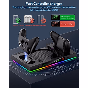 Upgrade Cooling Fan & Dual Charging Stand for Xbox Series X Console & Controller,Cooler Charger Station System for Series X with 15 RGB Lights,2 x 1400mAh Rechargeable Battery,Disc Accessories Storage