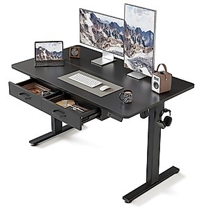 FEZIBO Adjustable Height Electric Standing Desk with Double Drawer, 48 x 24 Inches Stand Up Home Office Desk with Splice Tabletop, Black Frame/Black Top