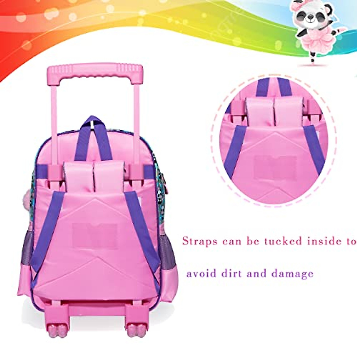HTgroce 3pcs Panda Rolling Backpack Girls Travel Roller Bag with Wheels Kids School Bags Wheeled Luggage Backpack