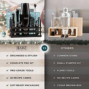 BARE BARREL® Mixology Bartender Kit Bar Set | 14-Piece Cocktail Shaker Set | Martini Barware Mixing Tools for Home Bartending | 35 Recipe Cards | Gift Set (28oz Boston Shaker, Jet Black/Black)