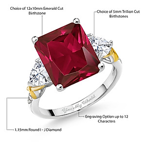 925 Sterling Silver and 10K Yellow Gold Build your Own Personalized Gemstone Birthstone and White Diamond 3 Stone Women Ring (12X10MM Emerald Cut and 5MM Trillion Cut, Available In Size 5, 6, 7, 8, 9)