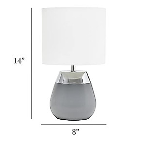 Simple Designs LT1106-GRY 14" Tall Modern 2 Tone Metallic Chrome & Gray Metal Bedside 4 Settings Touch Table Desk Lamp w White Fabric Drum Shade for Décor, Bedroom, Living Room, Dining Room, Office