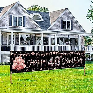 40th Birthday Banner Decorations for Women, Rose Gold Happy 40 Year Old Birthday Sign Party Supplies, Forty Bday Party Decor Photo Booth Props for Outdoor Indoor