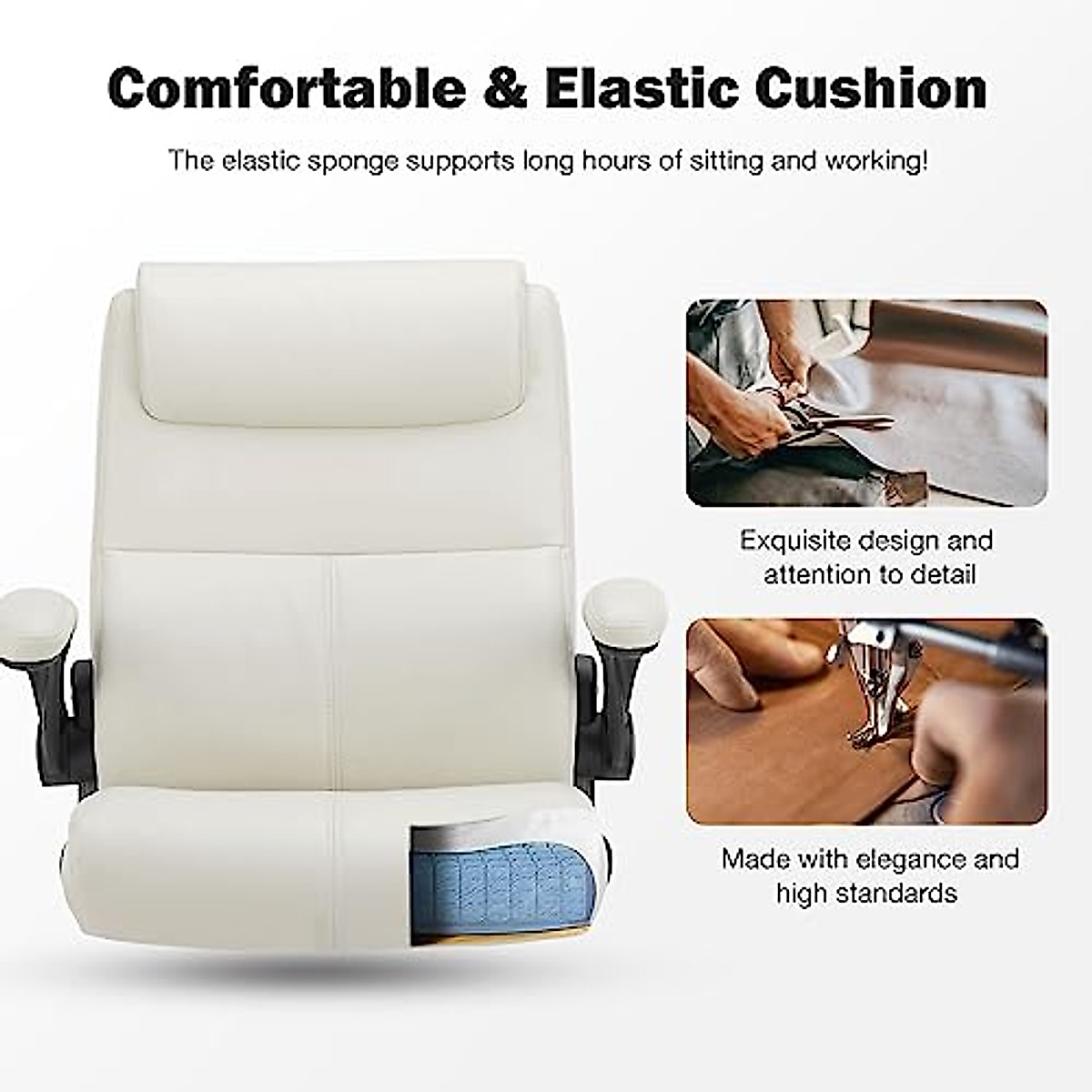 Office Chair - Ergonomic Executive Computer Desk Chair with Flip-up Armrest, Mid Back PU Leather 360° Swivel Task Chair with Lumbar Support and Wheels, Metal Base