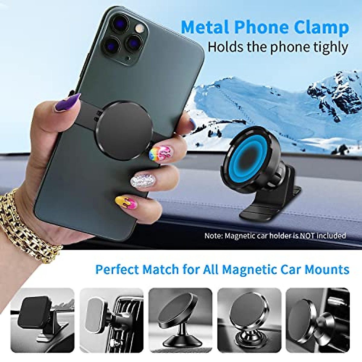 Nicwea Metal Phone Clamp for Magnetic Car Mount, Metal Phone Clip for Magnet Car Holder [Clamp and Remove at Anytime] [Ultra Durable] Compatible with iPhone, Samsung, LG, Sony and Case, Black