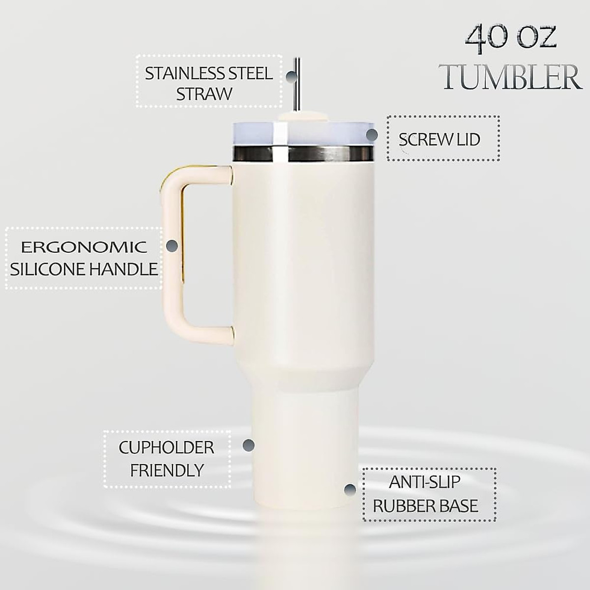 ROPFEE Stainless Steel 40 oz Tumbler Cup with Handle and Drinking Straw Lid| Insulated Tumbler with Silicone Boot | Large Travel Water Bottle | Christmas/Birthday Gift for Him/Her (Cream White)