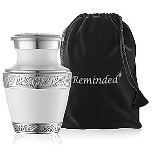 Reminded Small Cremation Urns for Human Ashes, Mini Keepsake Set of 4 White and Silver with Velvet Case