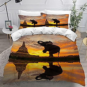 Quilt Cover Twin Size Ancient Pagoda in Thailand 3D Bedding Sets Elephant Duvet Cover Breathable Hypoallergenic Stain Wrinkle Resistant Microfiber with Zipper Closure,beding Set with 2 Pillowcase
