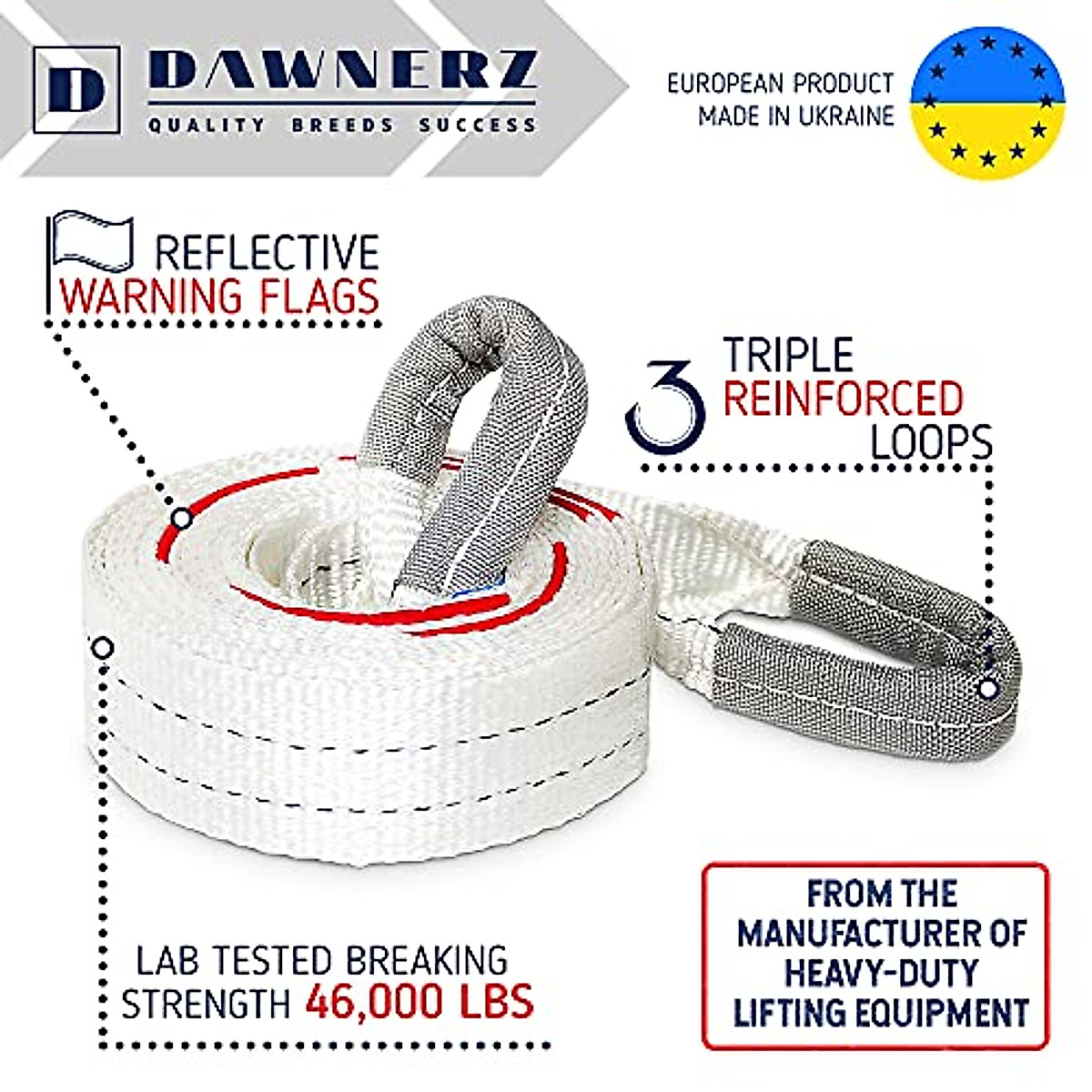 Tow Strap Heavy Duty 20 ft 46000 lbs - Dawnerz Towing Rope 6 m 22 Tons with Triple Reinforced Loops