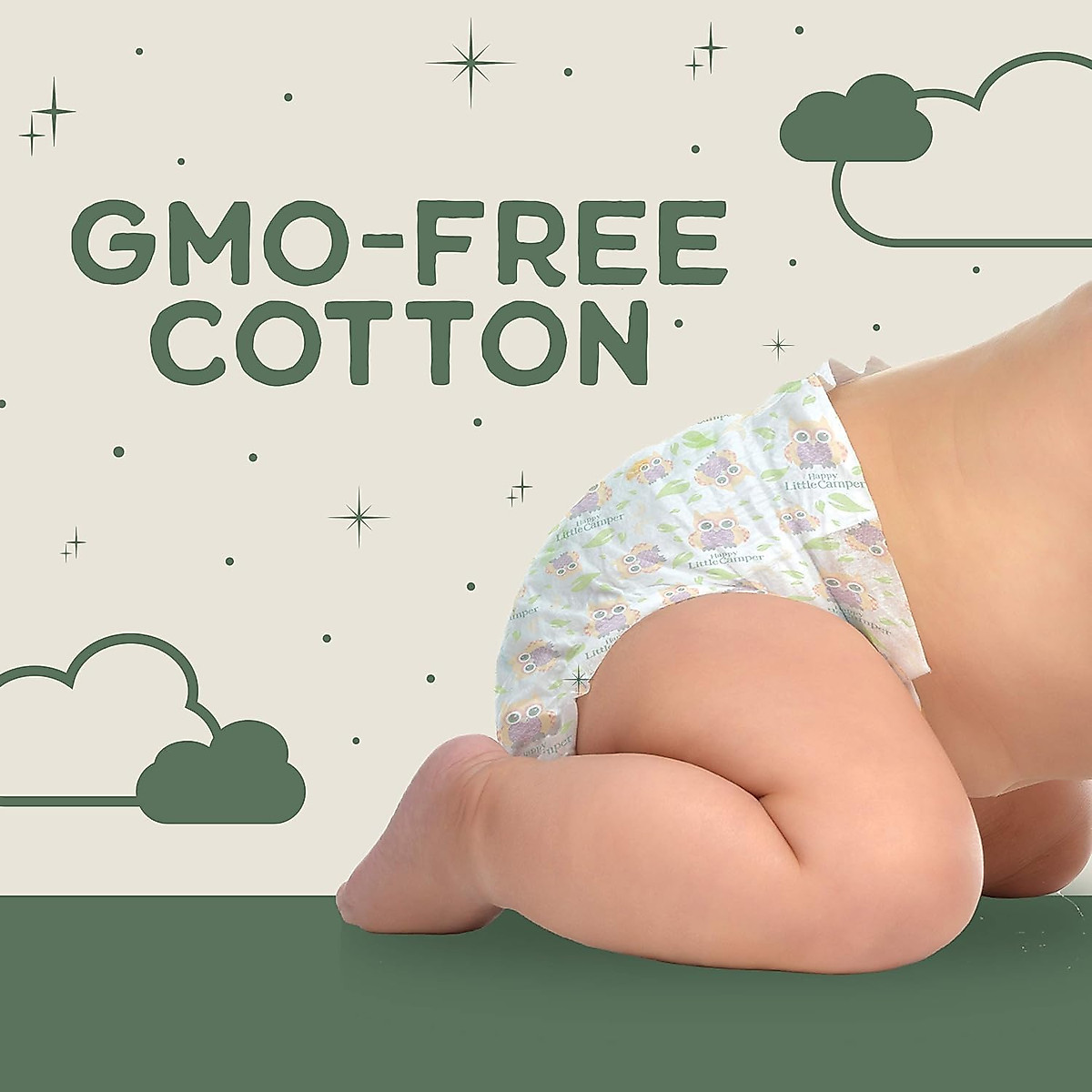 Happy Little Camper Ultra-Absorbent Natural Baby Diapers Size 2 - Hypoallergenic, Unscented & Chlorine-Free Disposable Diapers (216 Count) Come with Natural Baby Wipes (288 Count) for Sensitive Skin