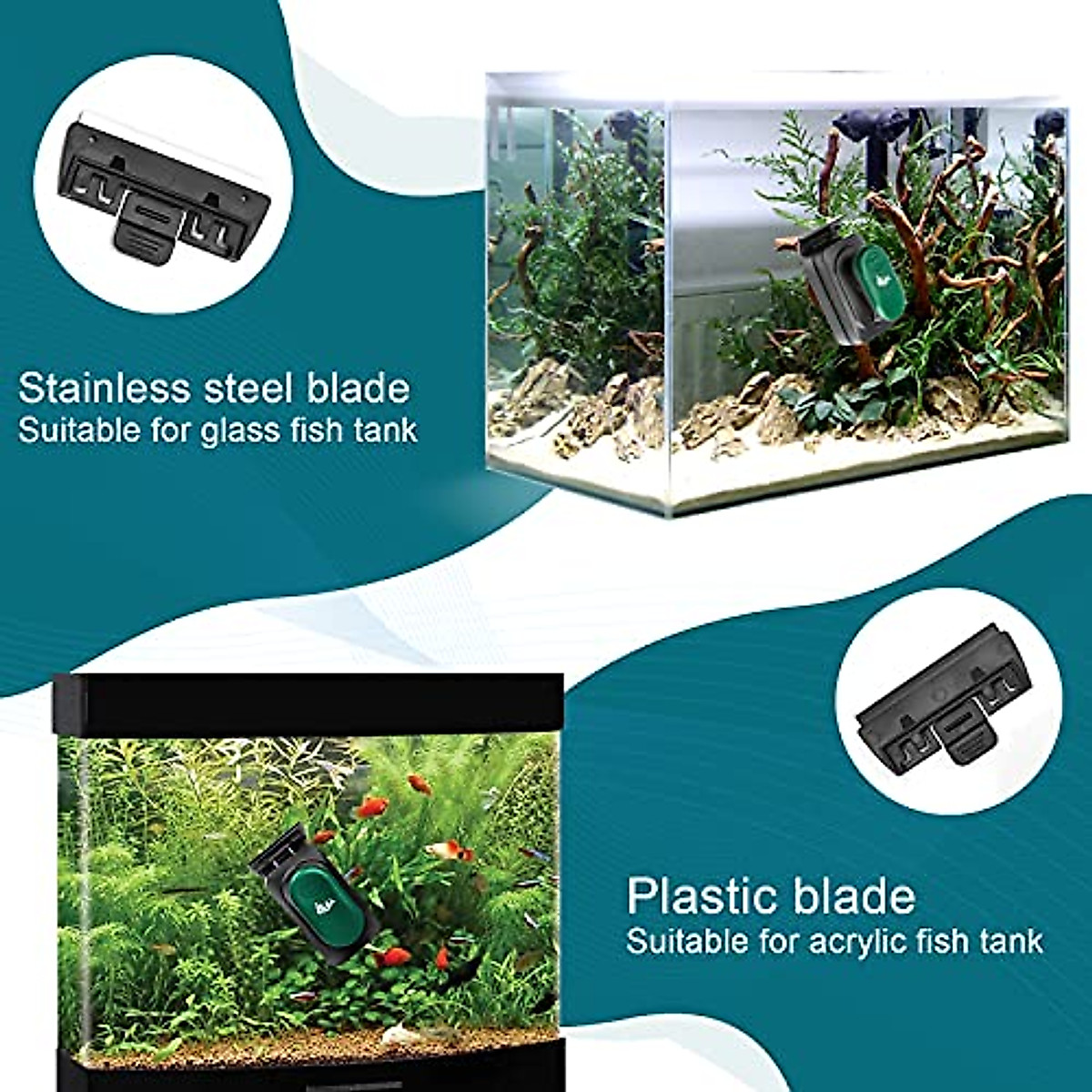 AQQA Magnetic Aquarium Cleaner Brush,Fish Tank Algae Cleaning Tool,Floating with Handle Scratch-Free,2 Detachable Scraper Suitable Glass and Acrylic Tank