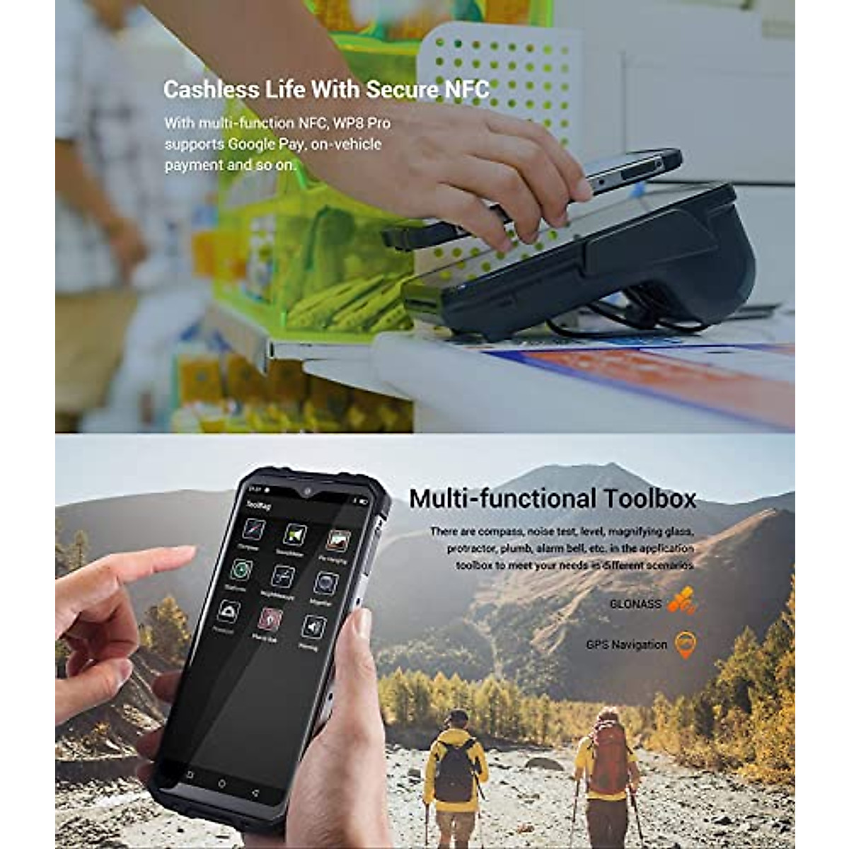 OUKITEL Unlocked Rugged Smartphone WP8 Pro, 6.49 inch Display Android 10 Rugged Cell Phones 4GB RAM+64GB ROM 5000mAh IP68 Waterproof Unlocked Phone Dual SIM 16MP Rear Triple Camera NFC Black