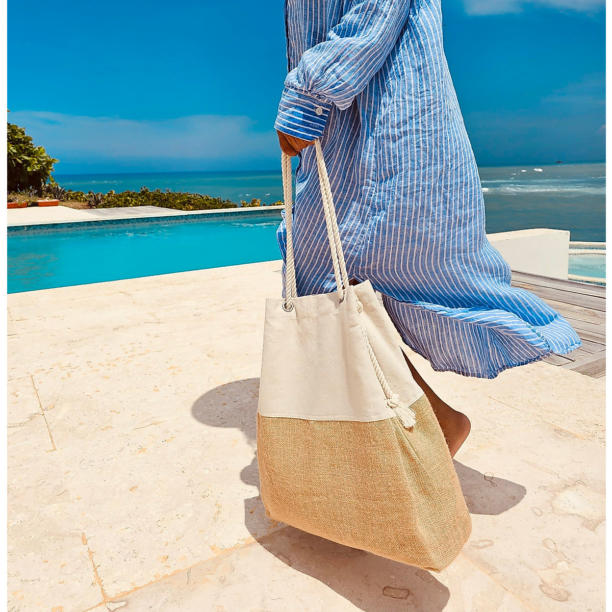 Large Beach Bag - woven beach bag - Canvas and Jute boho Tote Summer Shoulder Bag -Travel tote