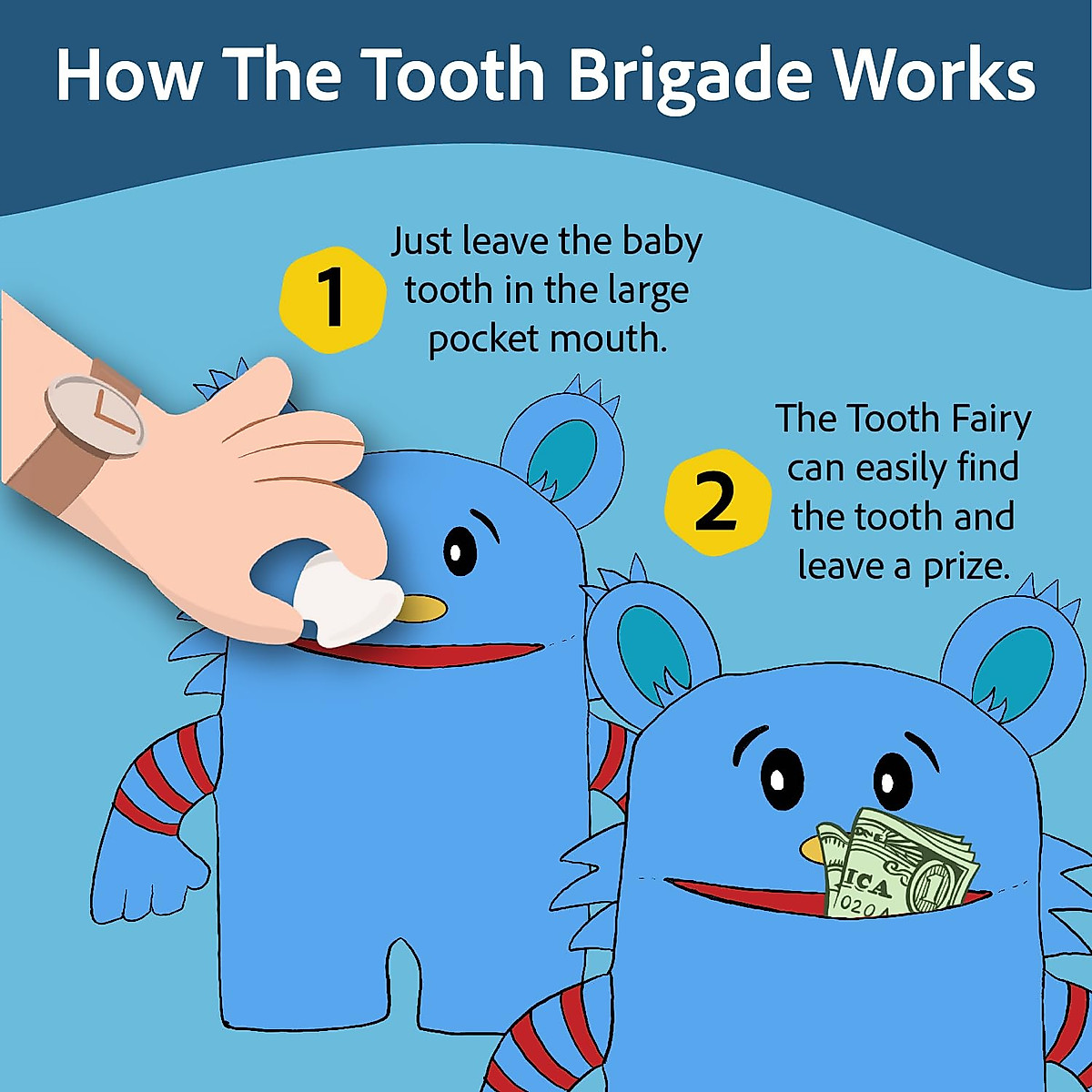 The Tooth Brigade Tooth Fairy Pillow | Fun and Interactive Stuffed Plush Toy with Large Pocket for Lost Teeth, Treasures, Prizes - Perfect for Kids, Boys, & Girls Gift (Blue Monster)