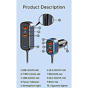 Impulsiqs 6 Port USB C Car Charger Adapter – 75W Car USB Charger Multi Port 5 ft Backseat Extension - 12v Cigarette Lighter USB Charger Plug - Super Fast Type C PD3.0 QC3.0 Compatible with iPhone