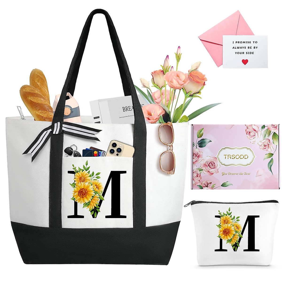 TRSODD Womens Christmas Gifts, Ini-tial Tote Bag for Women w Makeup Bag, Personalized Sunflower Gifts, 50th Birthday Grandma Mom Bride Sister Gifts, Mono-gram Beach Bag w Inner Pocket Card Gift Box M