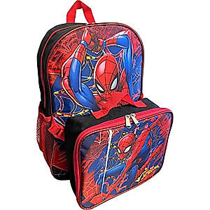 Ruz Spiderman Boy's 16 Inch Backpack With Removable Matching Lunch Box (Black-Red)