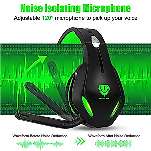 Headsets for Xbox One, PS4, PC, Nintendo Switch, Mac, Gaming Headset with Stereo Surround Sound, Over Ear Gaming Headphones with Noise Canceling Mic, LED Light (Headsets for Xbox/Green)