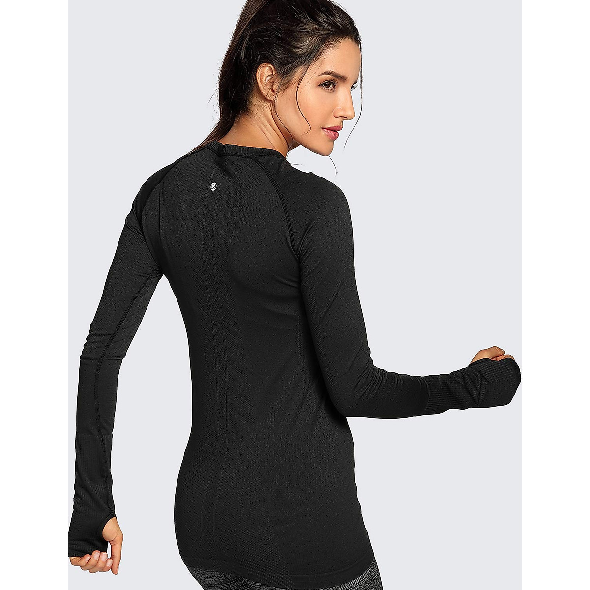 CRZ YOGA Women's Seamless Athletic Long Sleeves Sports Running Shirt Breathable Gym Workout Top Black-Slim Fit Large