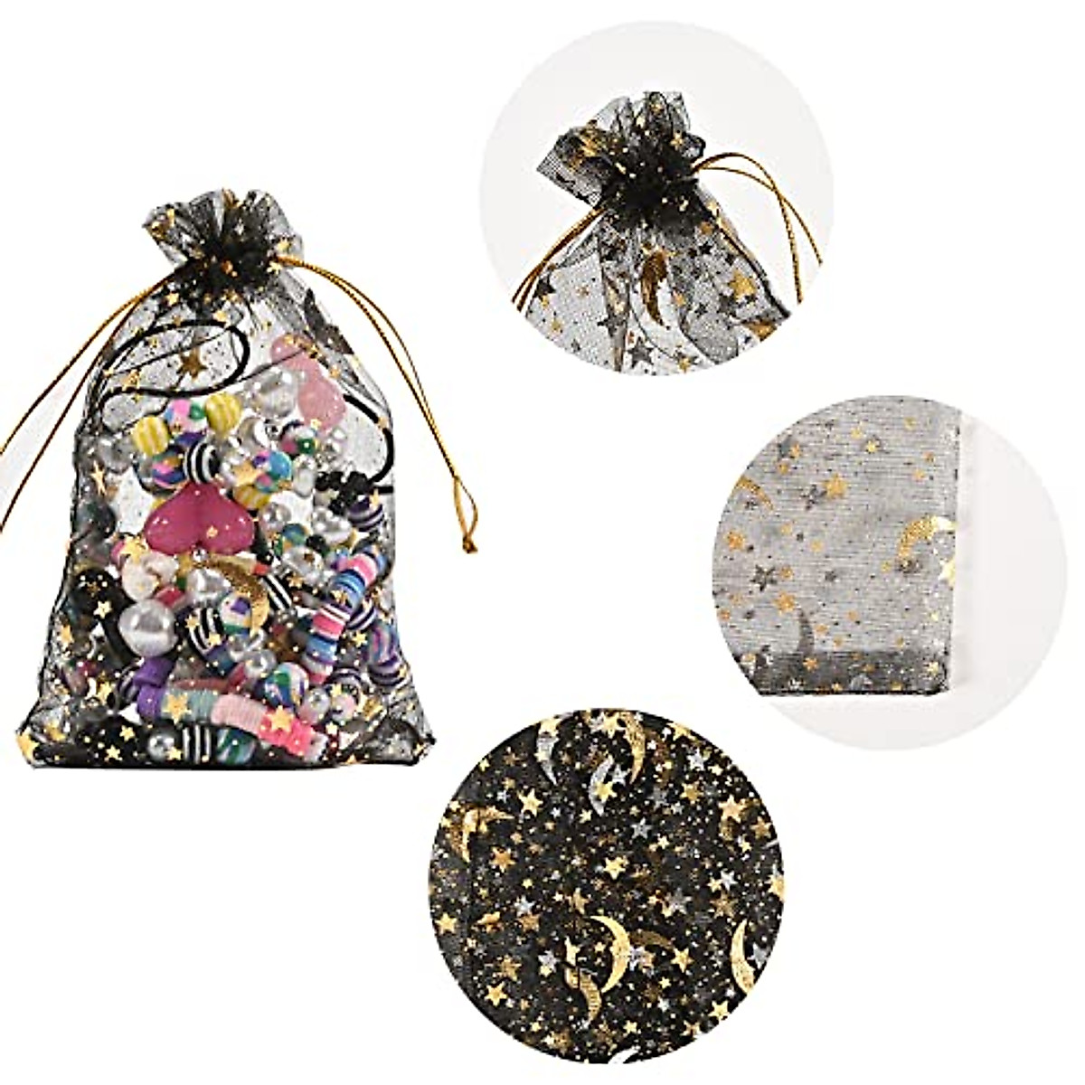 FUSHENMU 100pcs 4x6 Inch Black Organza Jewelry Gift Bag,Moon Star Drawstring Candy Bag Pouch for Wedding Baby Shower Party Gift Wrapping Supply