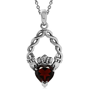 Silvershake 1.38ct. Natural Heart Shape Garnet 925 Sterling Silver Claddagh Pendant with 18 Inch Chain Necklace