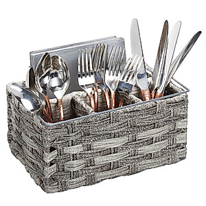 mDesign Plastic Woven Divided Cutlery Storage Organizer Caddy Tote - Basket Holder for Kitchen Table, Cabinet, Pantry - Holds Silverware, Forks, Knives, Spoons, Napkins and other Utensils - Gray