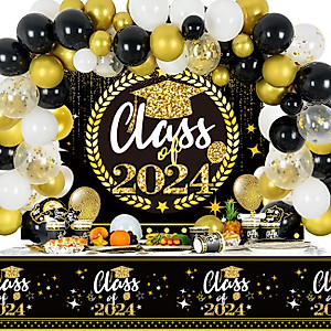 Black and Gold Graduation Party Decorations 2023,67pcs Class of 2023 Party Decor Kit with Balloon Garland Backdrop Banner and Tablecloth for High School, College, Medical Student Graduation Party Supplies