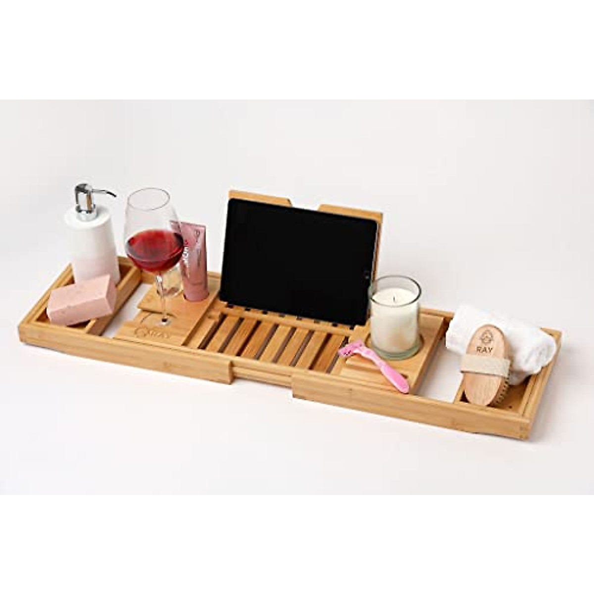 Bathtub Caddy Tray for Bath- Bamboo Adjustable Bathtub Caddy Tray- Free Body Brush- Suitable for Luxury Spa or Reading- Shower Tray - Bathroom Tray Organizer - Accessories for Bathroom