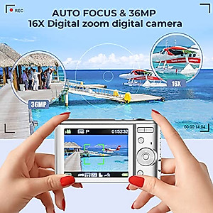 TOBERTO HD 1080P Digital Camera, 36MP 16X Digital Zoom Vlogging Mini Camera with LCD, Digital Point and Shoot Camera Video Camera, for Kids Students Beginners Beauty Face (Silver)