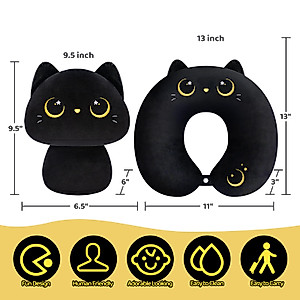 Mewaii Kids Travel Pillow, Cute Black Cat Stuffed Animal Neck Pillow for Kids & Adults, Reversible Plush Squishy 2-in-1 Travel Plush Pillow for Airplane, Car, Train